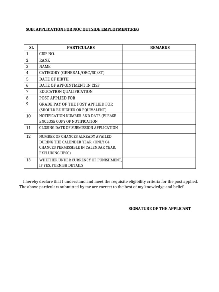 Perfoma of Application For Noc Out Side Employment | PDF