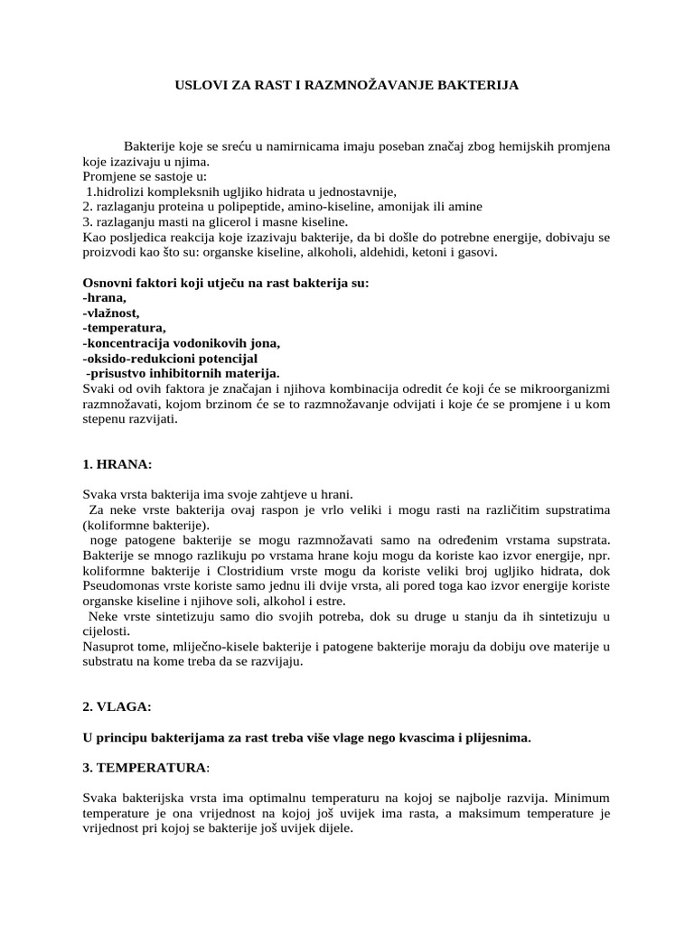 Uslovi Za Rast I Razmnožavanje Bakterija | PDF