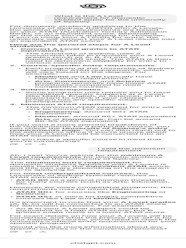 USYD A Level Requirements | PDF
