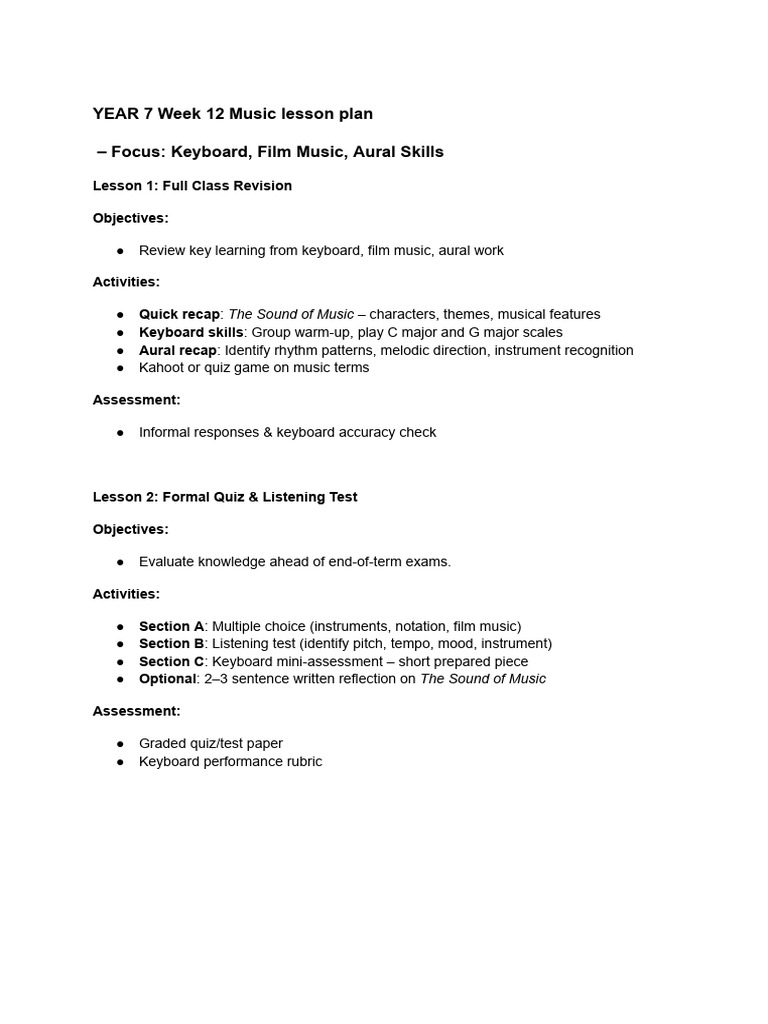 Year 7 Music Lesson Plan: Keyboard & Aural Skills | PDF