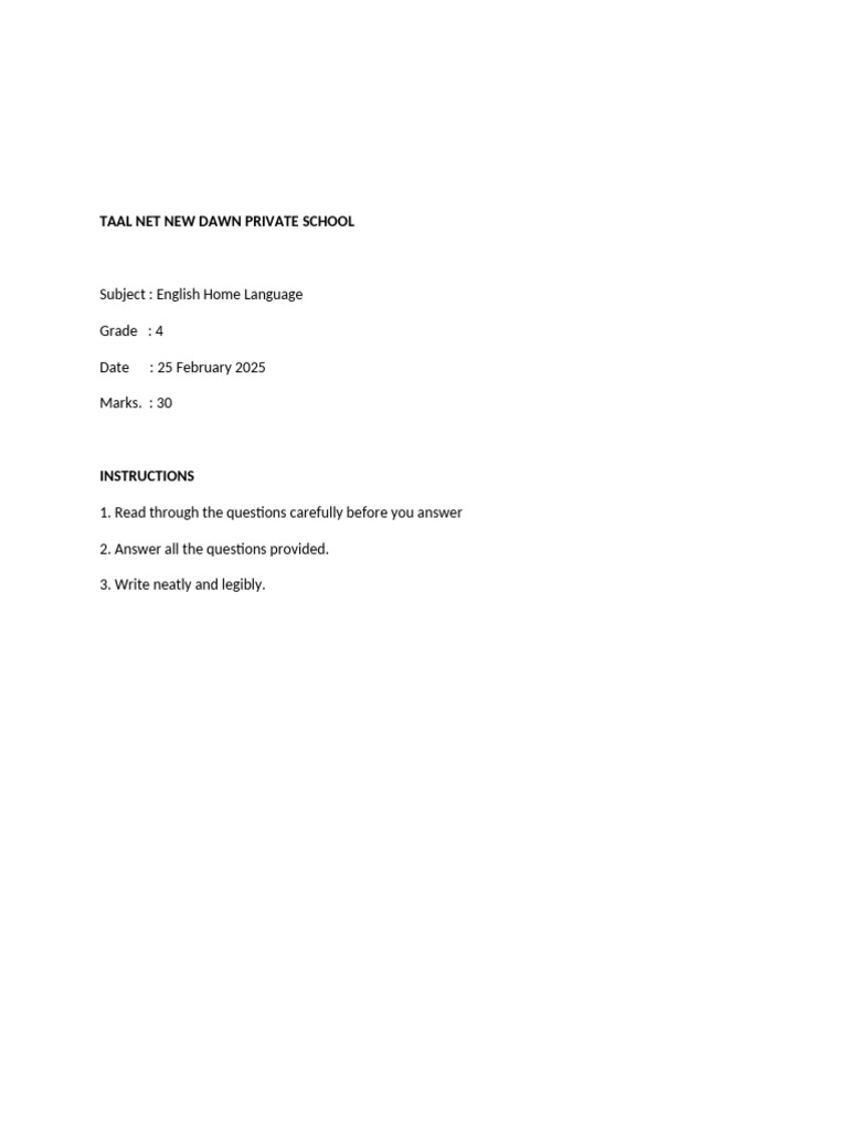 Taal Net New Dawn Grade 4 English Test | PDF