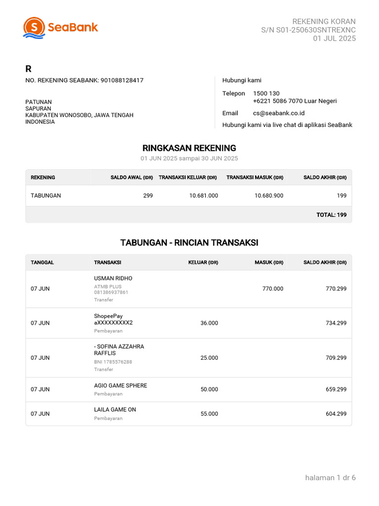 Rekening Koran SeaBank Juni 2025 | PDF