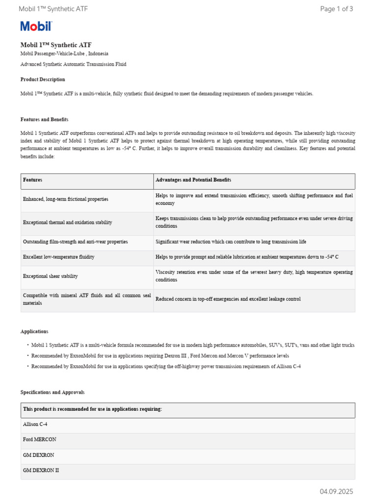 Mobil 1 Synthetic ATF Overview | PDF | Oils | Mechanical Engineering