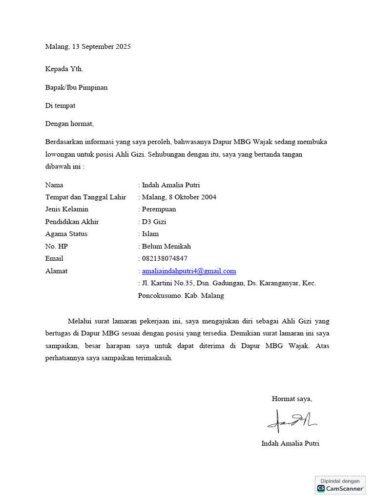 Surat Lamaran Indah Dapur MBG Wajak Revisi | PDF