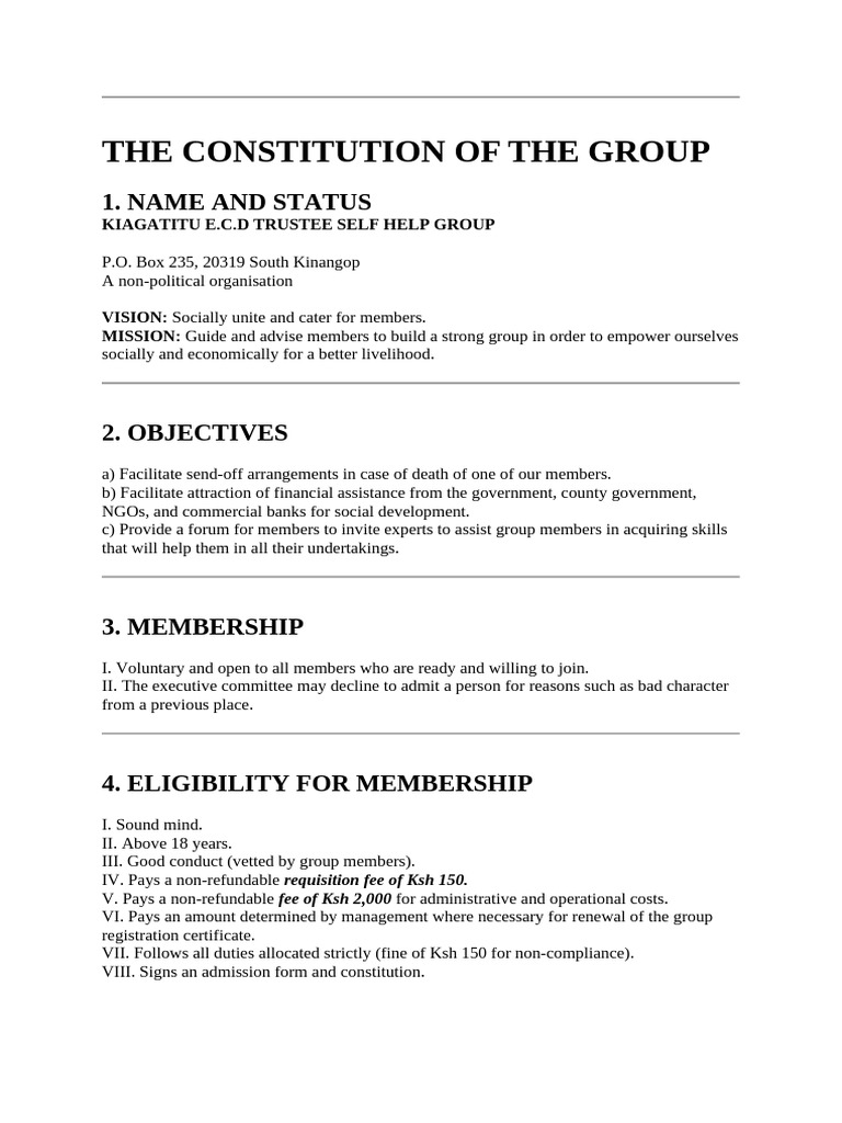 Kiagatitu E.C.D. Trust Constitution | PDF | Government