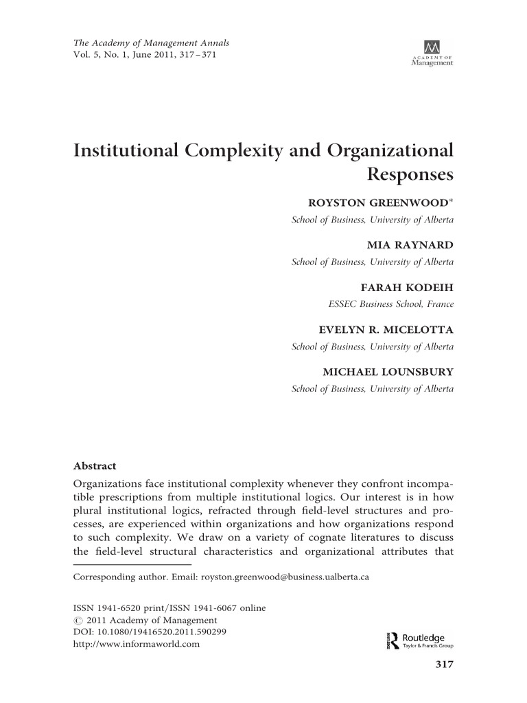 A-2011-AOM-Institutional Complexity and Organizational Responses | PDF ...