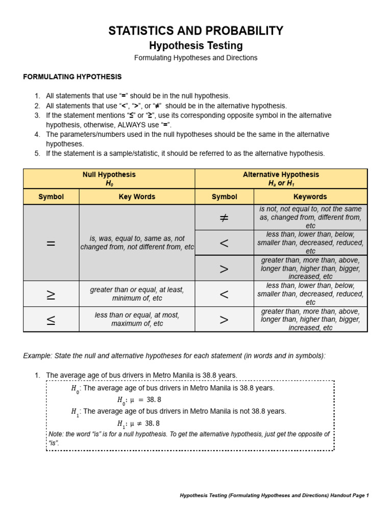 STATPROB HANDOUT Hypothesis Testing Formulating Hypotheses and ...