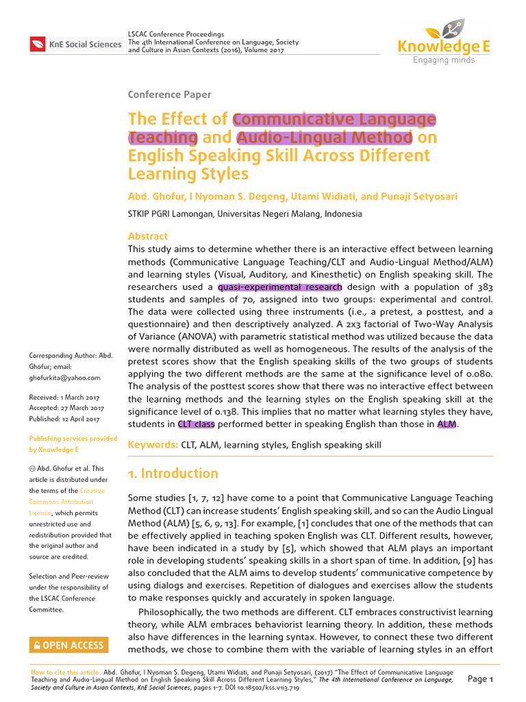 The Effective of Communicative Languages Teaching and Audio-Lingual ...