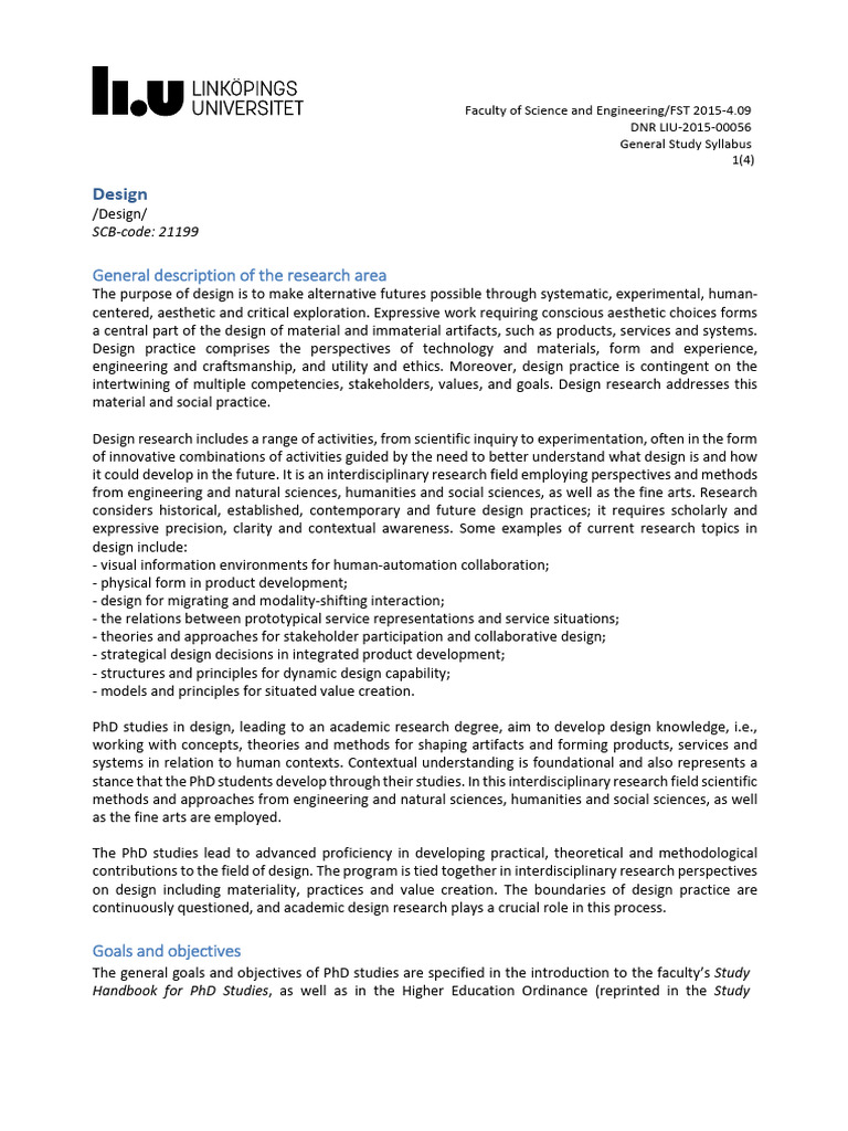 PhD Studies in Design Overview | PDF | Thesis | Doctor Of Philosophy