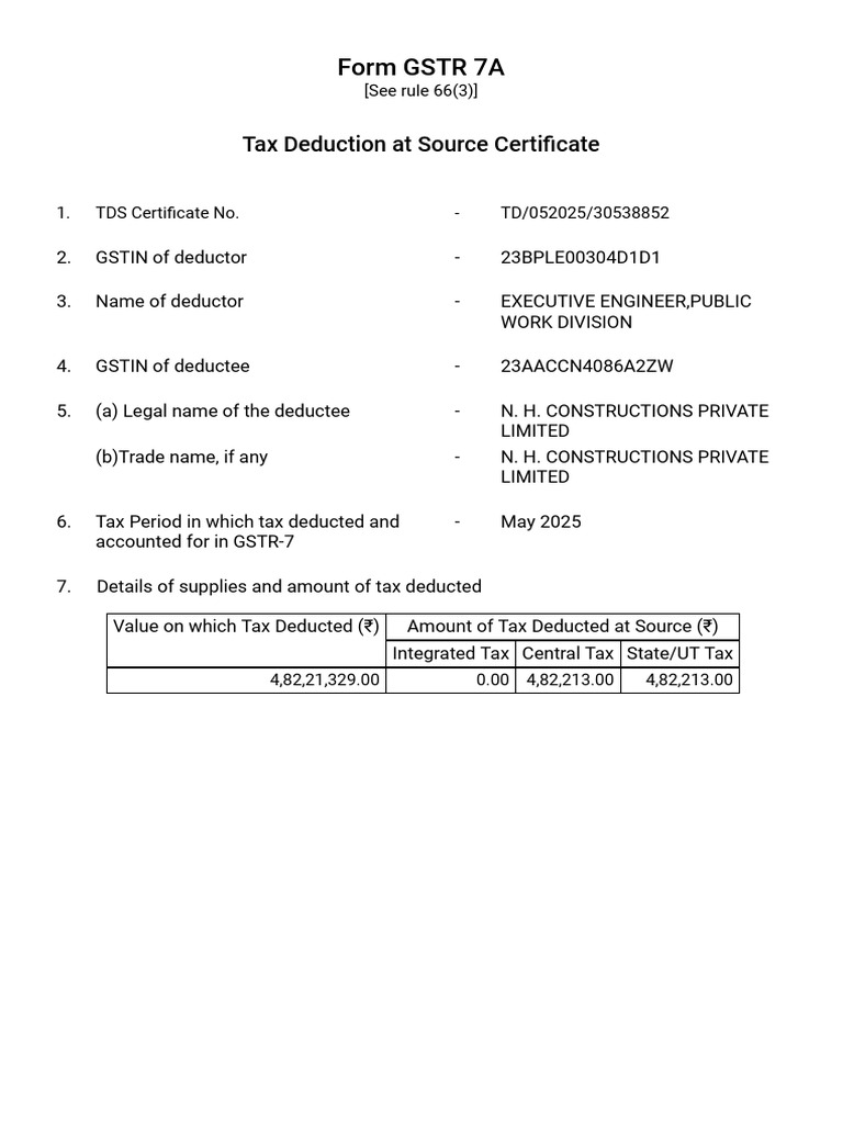 GSTR 7A TDS Certificate Overview | PDF