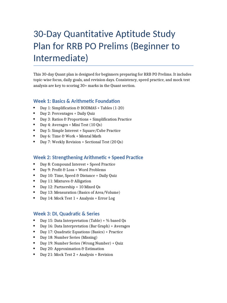 30 Day Quant Study Plan RRB PO | PDF