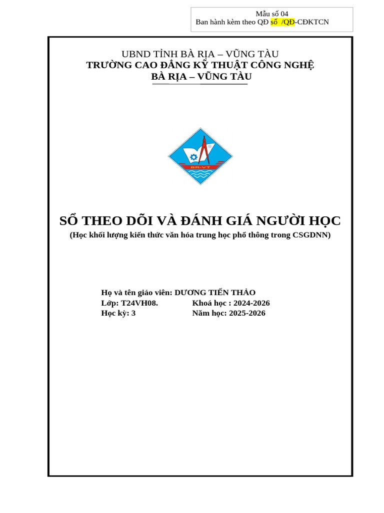 Mau So 04 Theo Doi Va Danh Gia Nguoi Hoc Cua GV | PDF