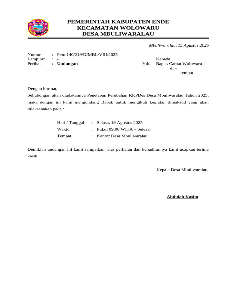 Undangan RKPDes 2025 Desa Mbuliwaralau | PDF