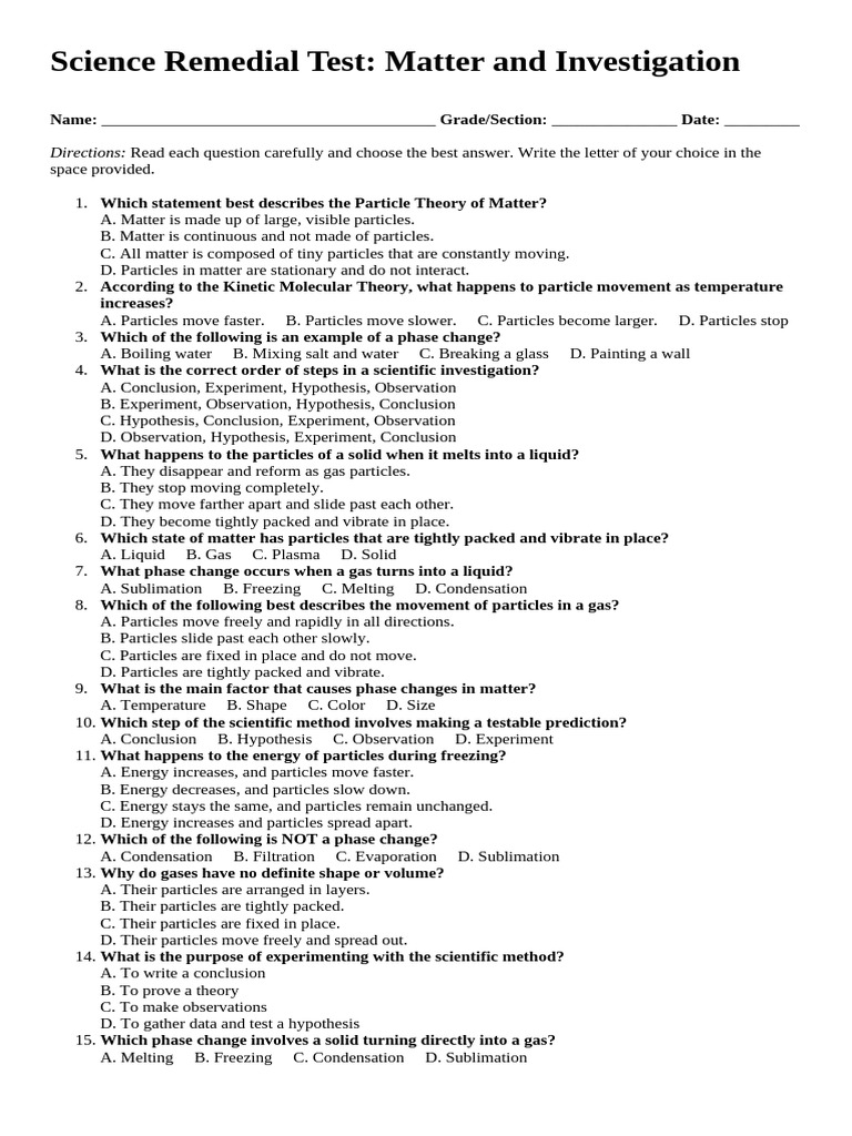 Matter Investigation Remedial Test | PDF | Gases | Temperature