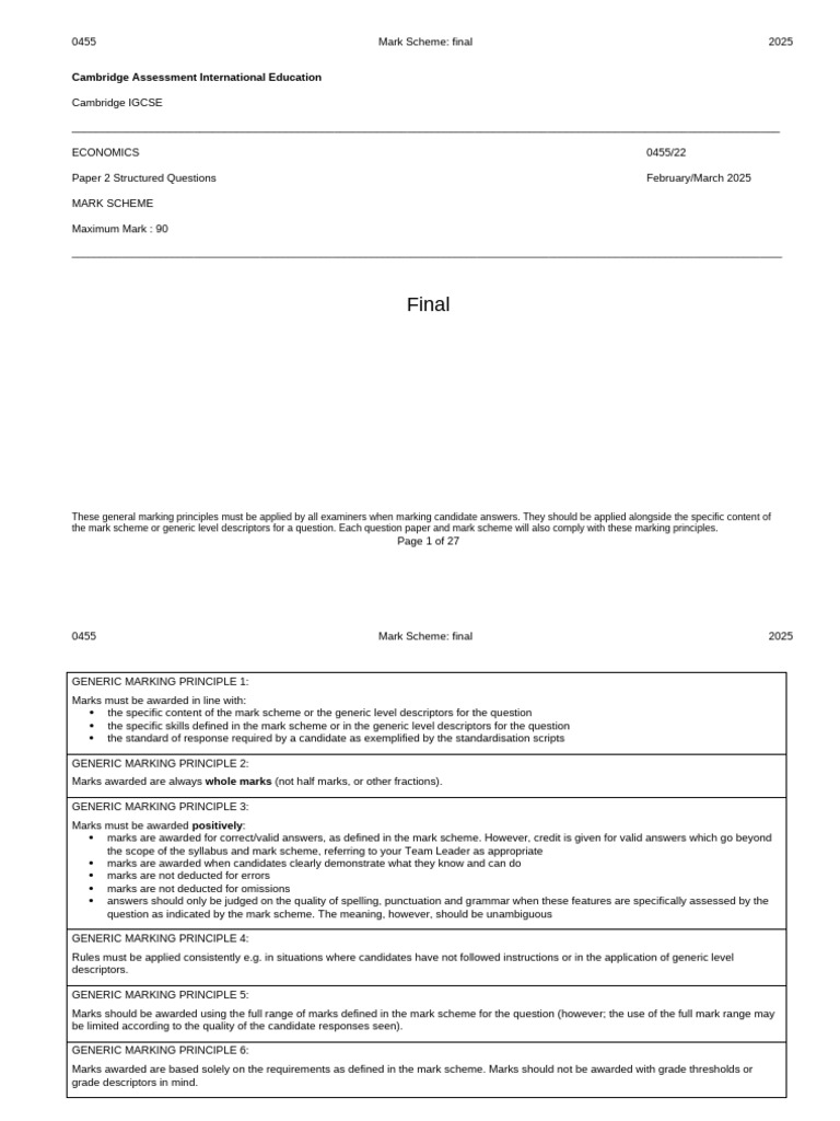 IGCSE Economics 0455/22 Mark Scheme 2025 | PDF | Elasticity (Economics ...