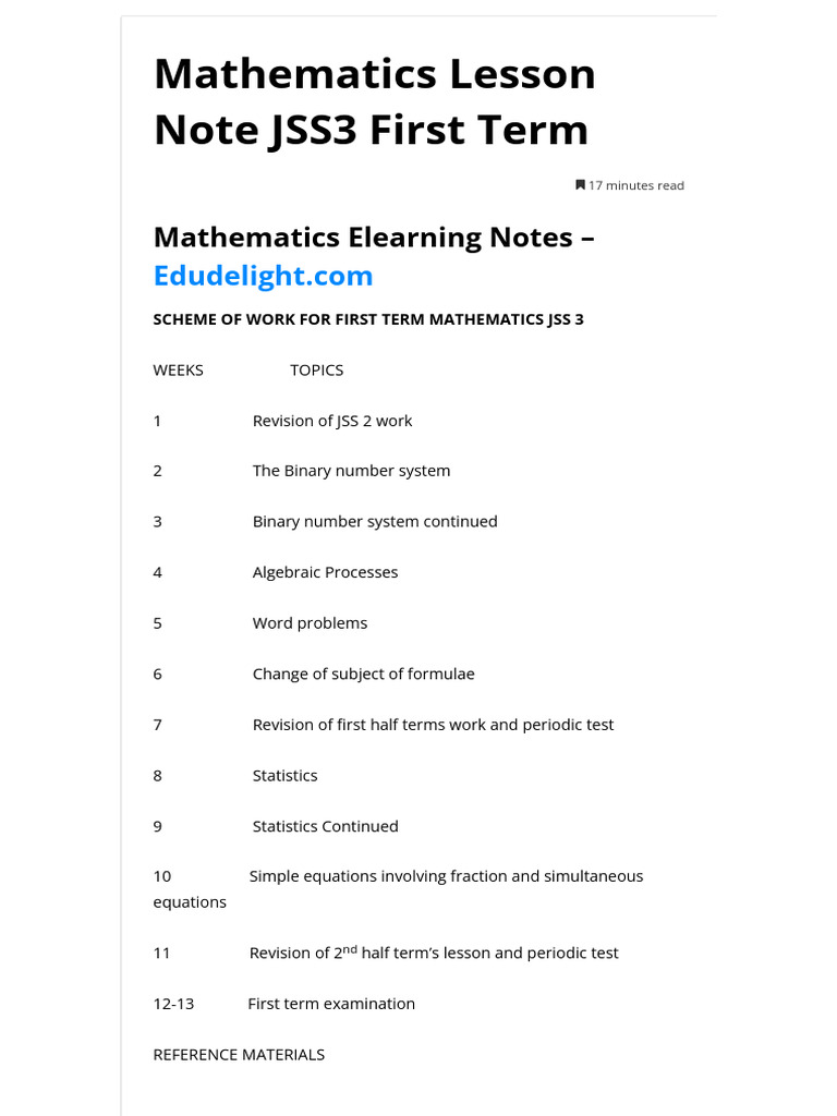 MathematicsLessonNoteJSS3FirstTerm Edudelight - Com 1756203537707 | PDF ...