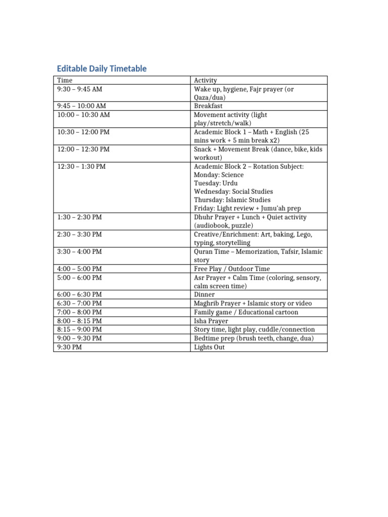 Editable Daily Timetable | PDF