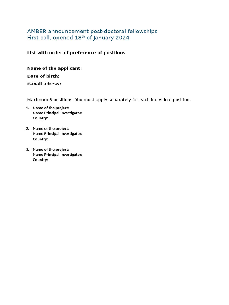 AMBER Application List With Order of Preferences Positions Template | PDF