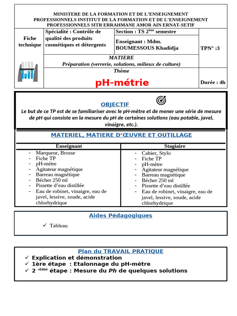 Fiche Technique TP Ph-Métrie | PDF | Ph | Acide