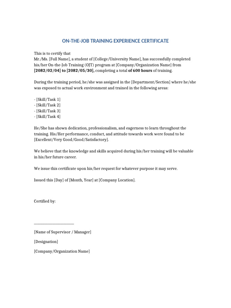 OJT Experience Certificate | PDF