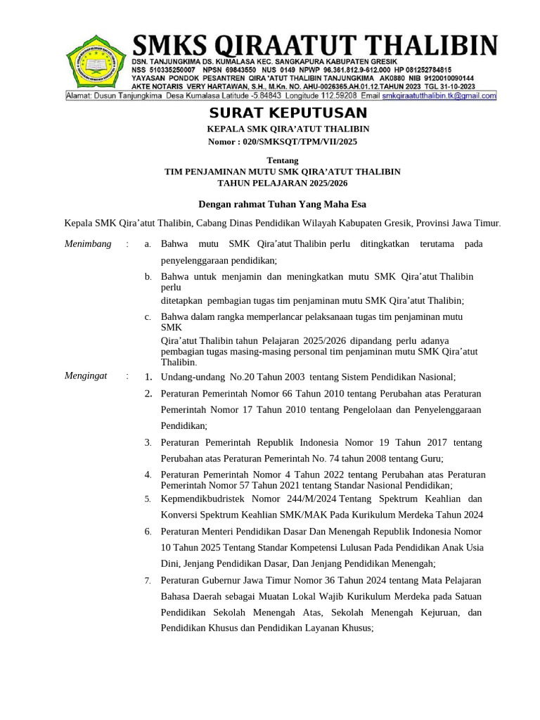 j. SK Tim Penjamin Mutu Sekolah | PDF