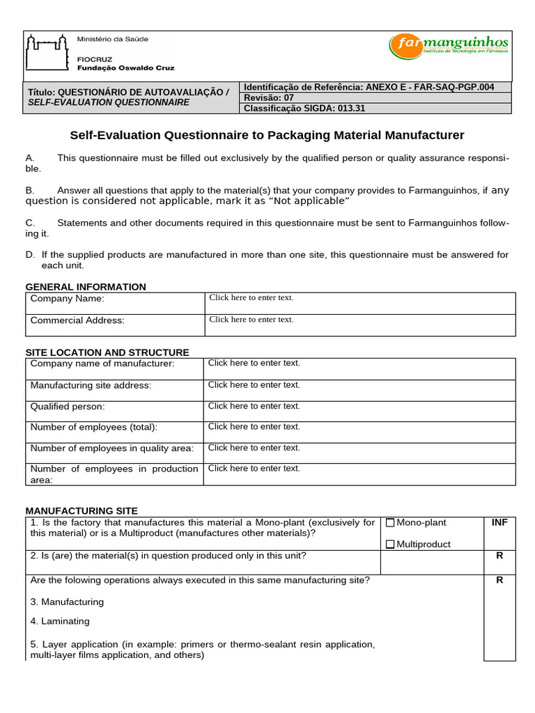 Anexo XVII Self Evaluation Questionnaire Packaging Material Manufacturer | PDF