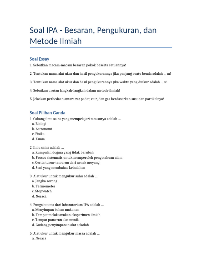 Soal dan Jawaban IPA: Besaran dan Metode | PDF