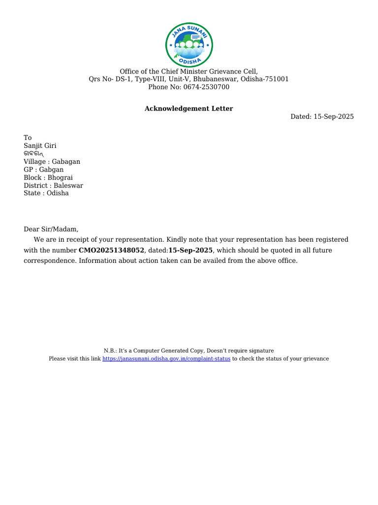Grievance Acknowledgement Letter Odisha | PDF