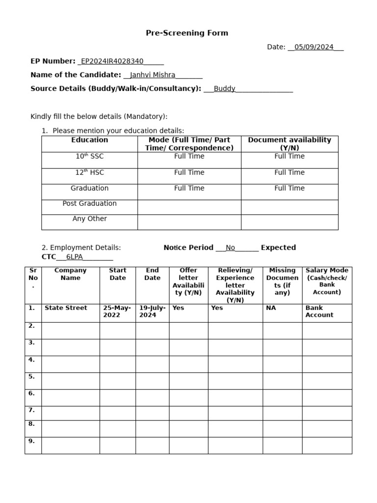 Candidate Pre-Screening Form 2024 | PDF