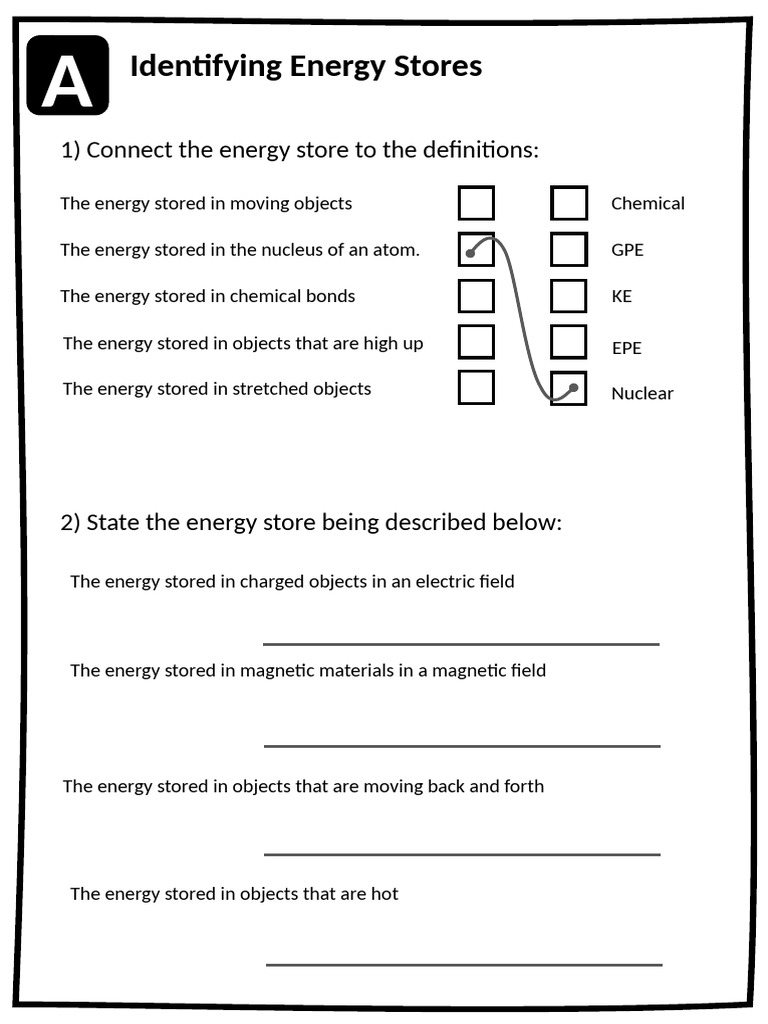 Energy Stores Identification Worksheet | PDF | Atoms | Potential Energy