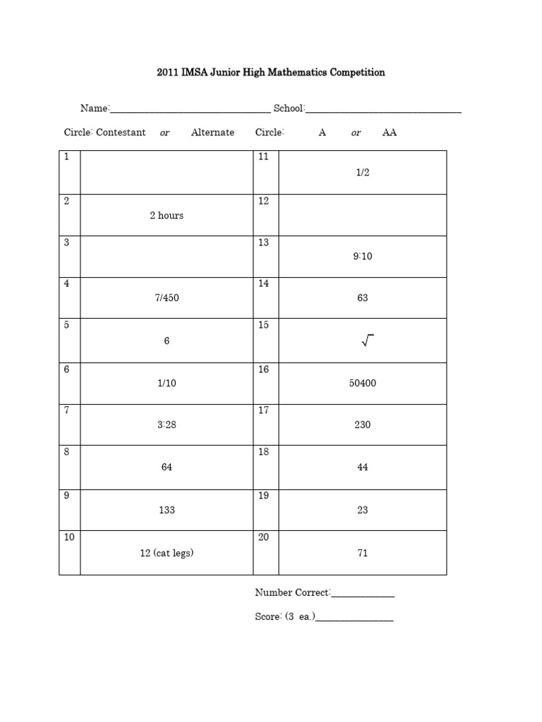 2011 IMSA Junior High Math Contest | PDF