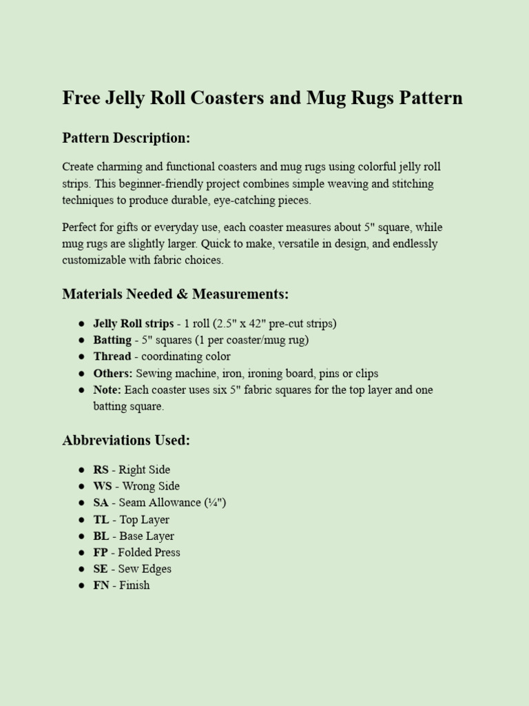 Jelly Roll Coasters and Mug Rugs Guide | PDF | Sewing | Carpet