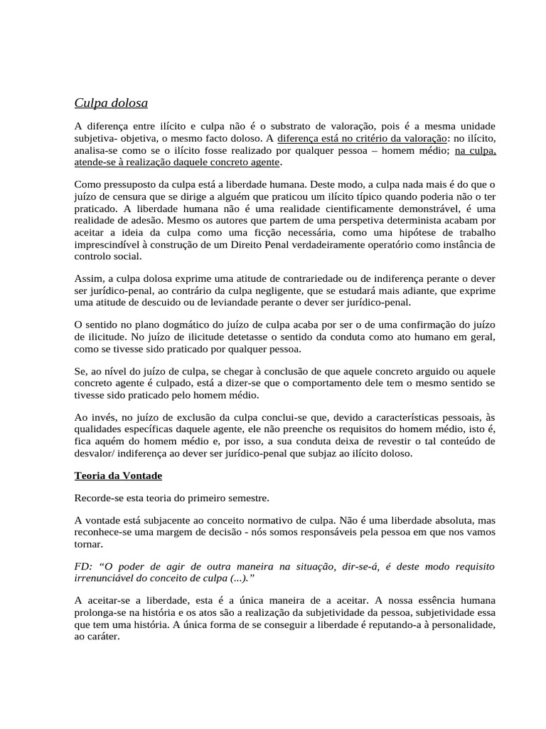 Culpa Dolosa | PDF | Intenção (Direito Penal) | Crimes