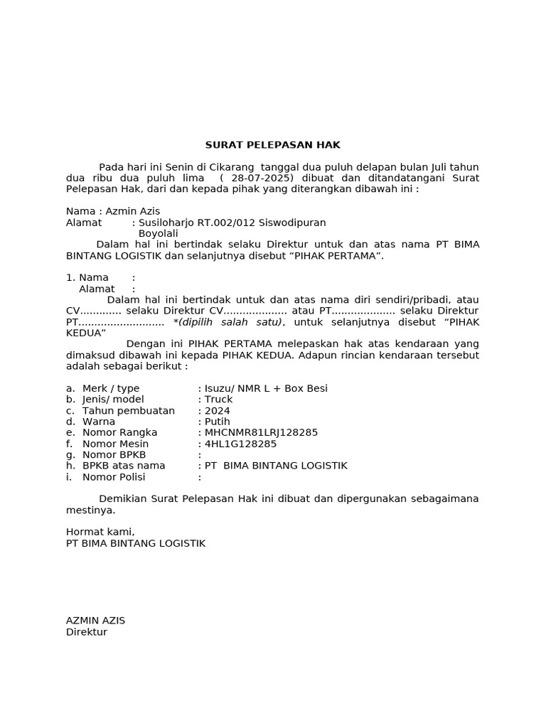 Surat Pelepasan Hak Kendaraan Isuzu | PDF