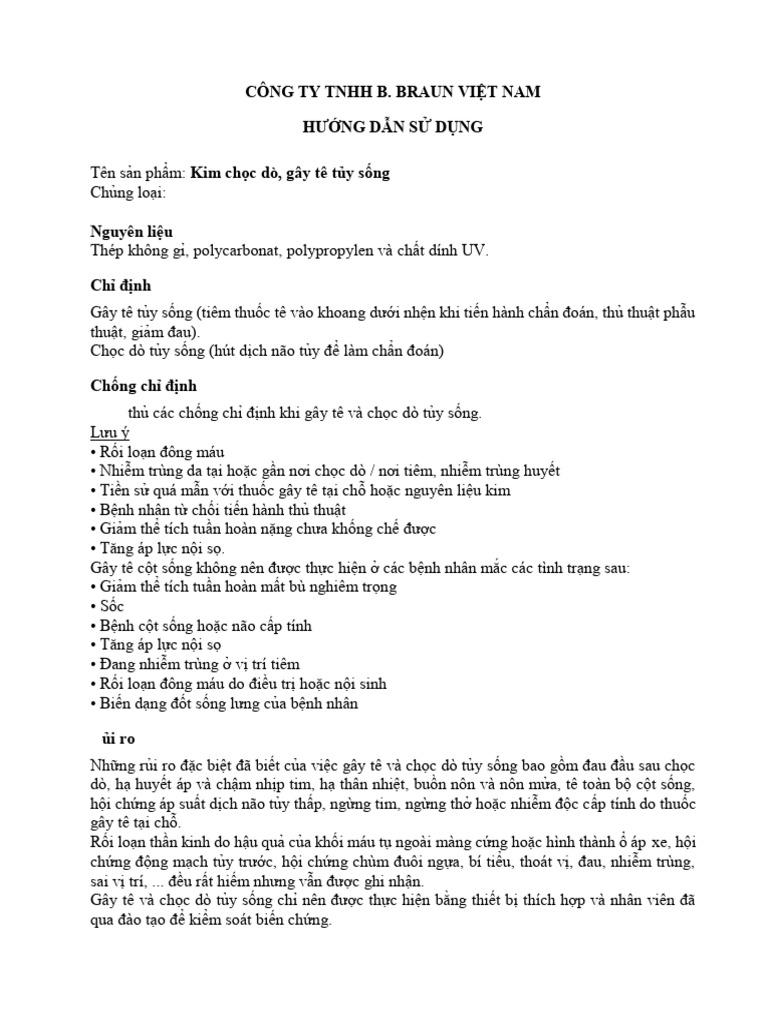 Công Ty Tnhh B. Braun Việt Nam Hướng Dẫn Sử Dụng Kim chọc dò, gây tê ...