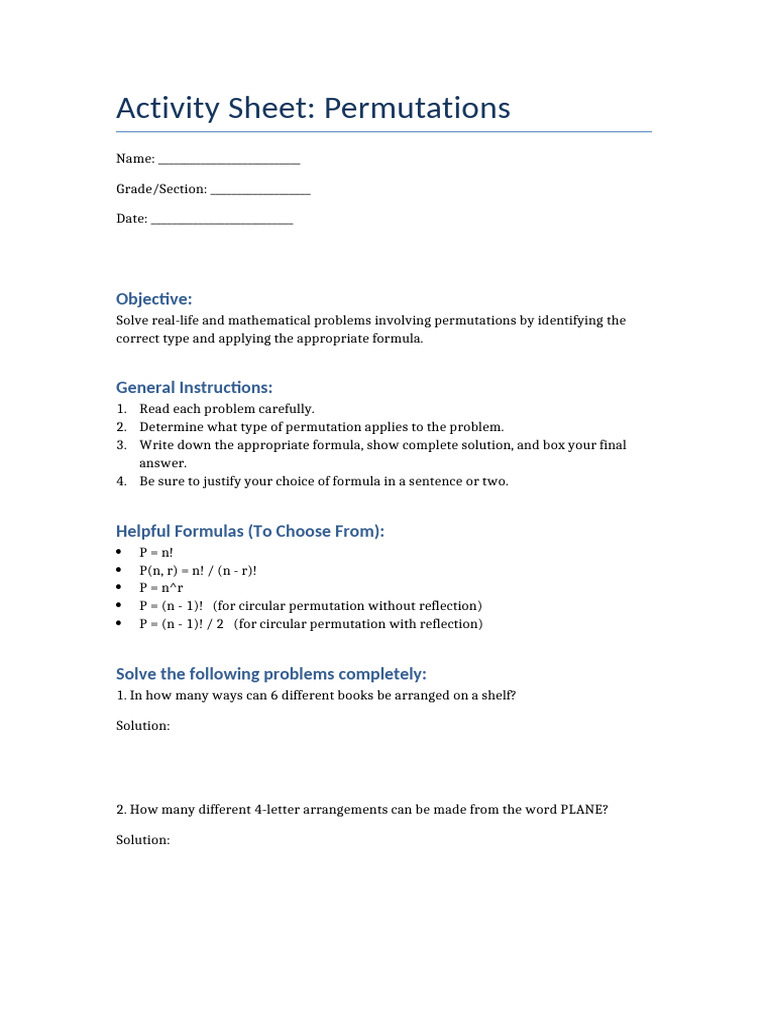 Permutation Activity Sheet | PDF