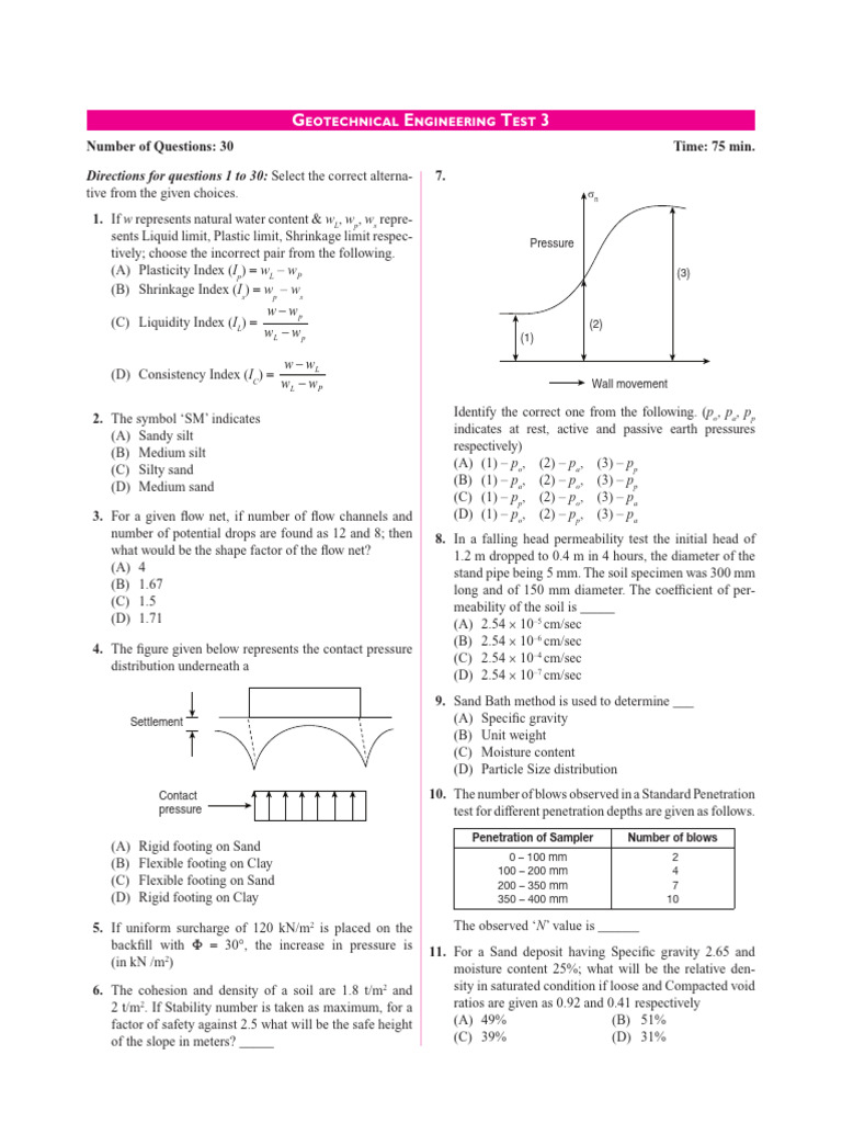 Geotechnical Engineering Test Questions | PDF | Natural Materials | Soil