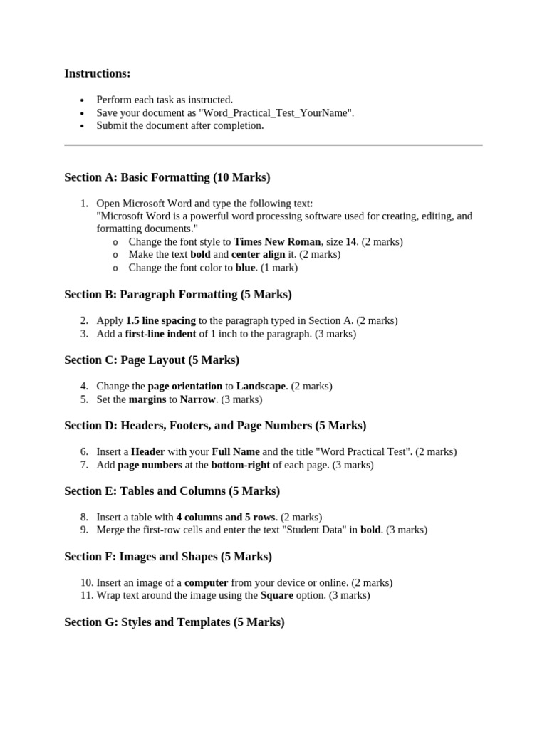 Microsoft Word Practical Test Instructions | PDF