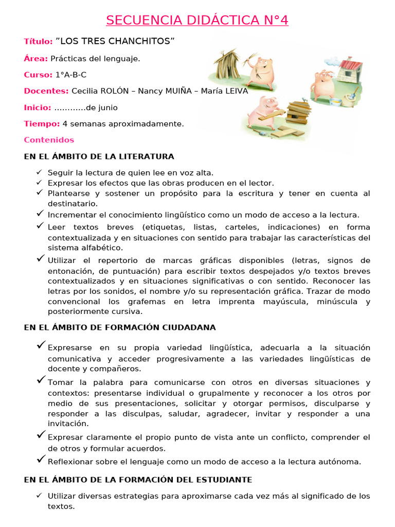 Secuencia Didáctica: Los Tres Chanchitos | PDF | Escritura ...