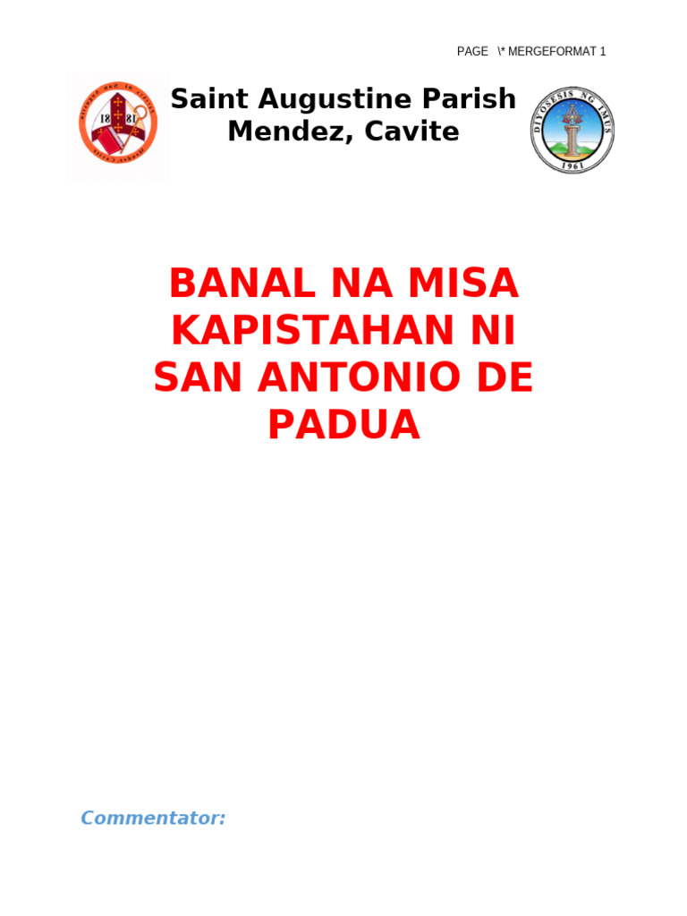 Pagmimisa Sa Kapistahan Ni San Antonio de Padua | PDF