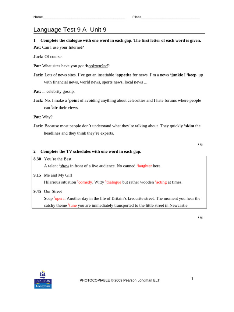 Language Test Unit 9 A Worksheet | PDF