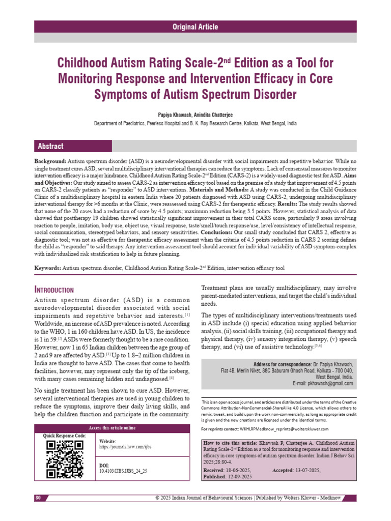 Childhood Autism Rating Scale 2nd Edition As A Tool For Monitoring ...