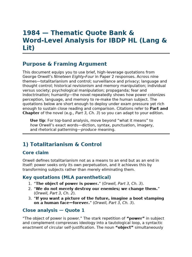 1984 Quote Bank for Thematic Analysis | PDF | Linguistics