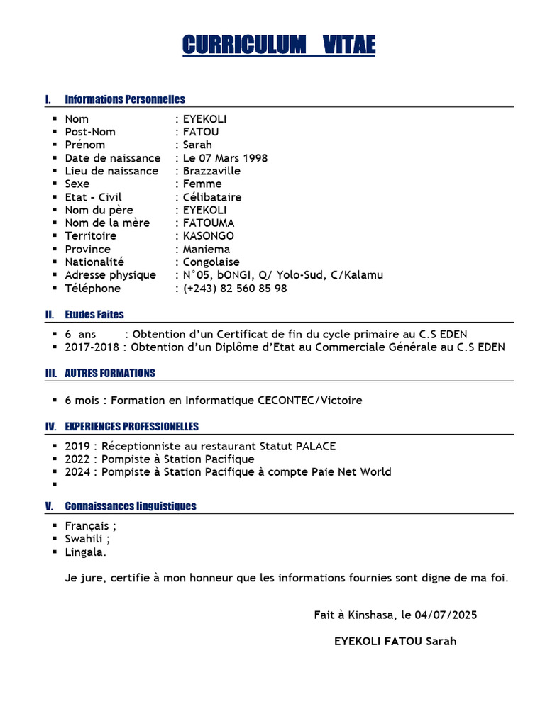 CV de Sarah Eyekoli - Compétences et Expérience | PDF