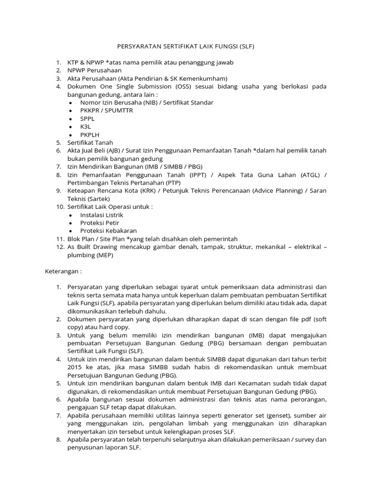 Persyaratan Sertifikat Laik Fungsi SLF | PDF