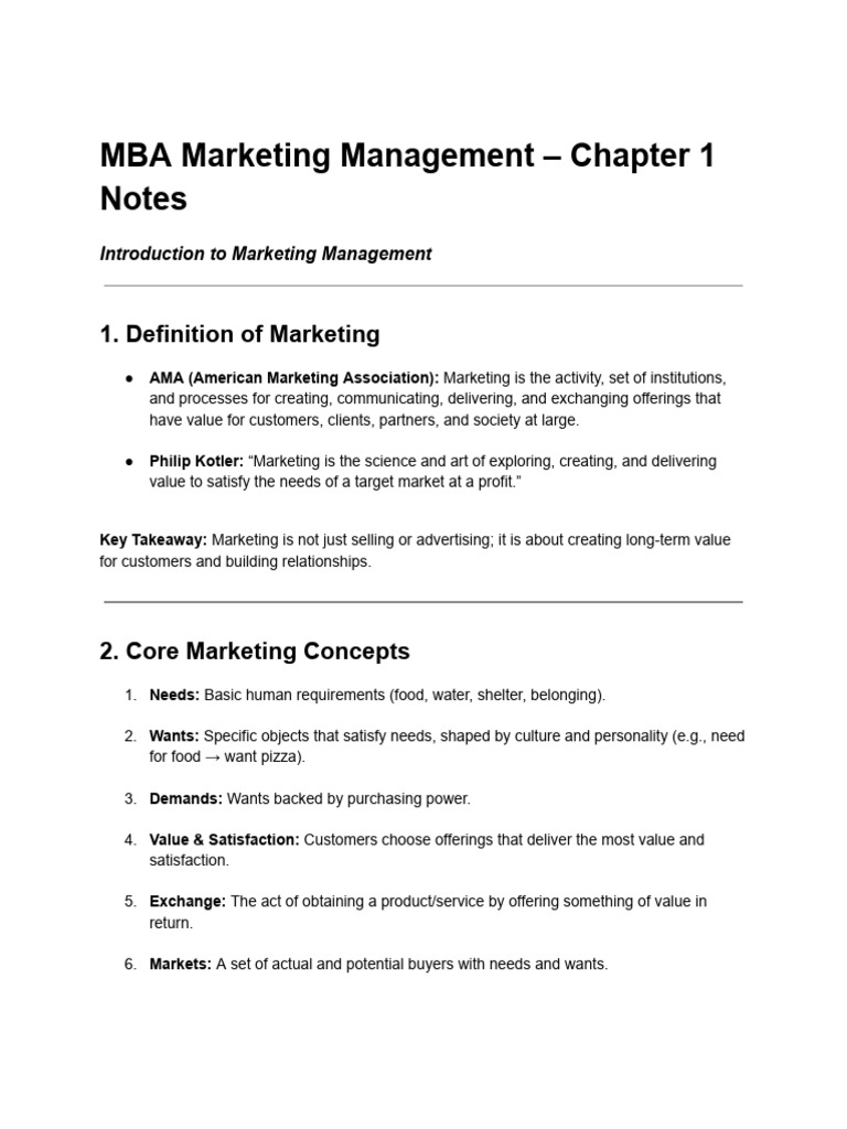 MBA Marketing Management - Chapter 1 Notes | PDF | Marketing | Business ...