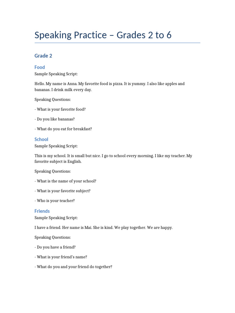 Speaking Practice Grades 2 To 6 | PDF | Vietnamese Cuisine | Foods