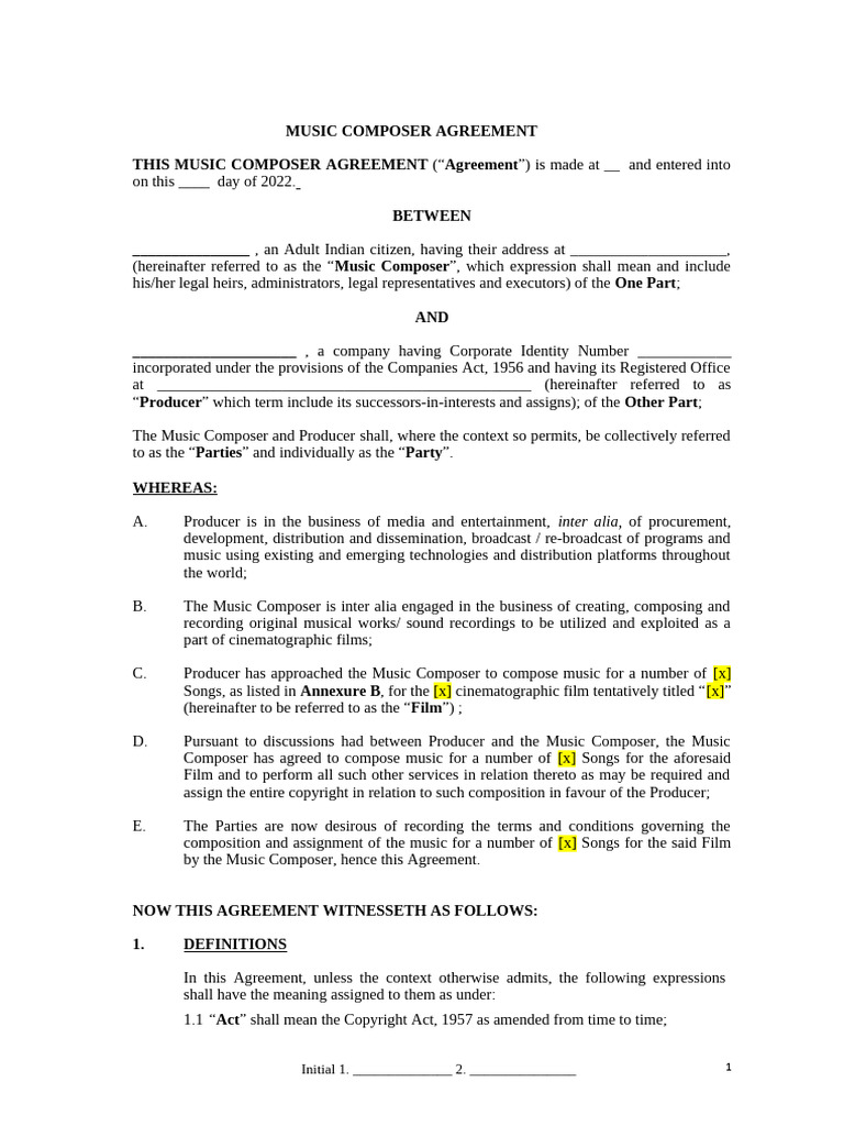 Music Composer Agreement Template | PDF | Indemnity | Dvd