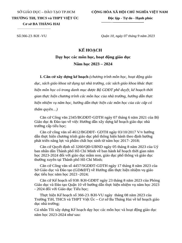 KH Cac Mon Hoc Va HDGD 23-24 | PDF