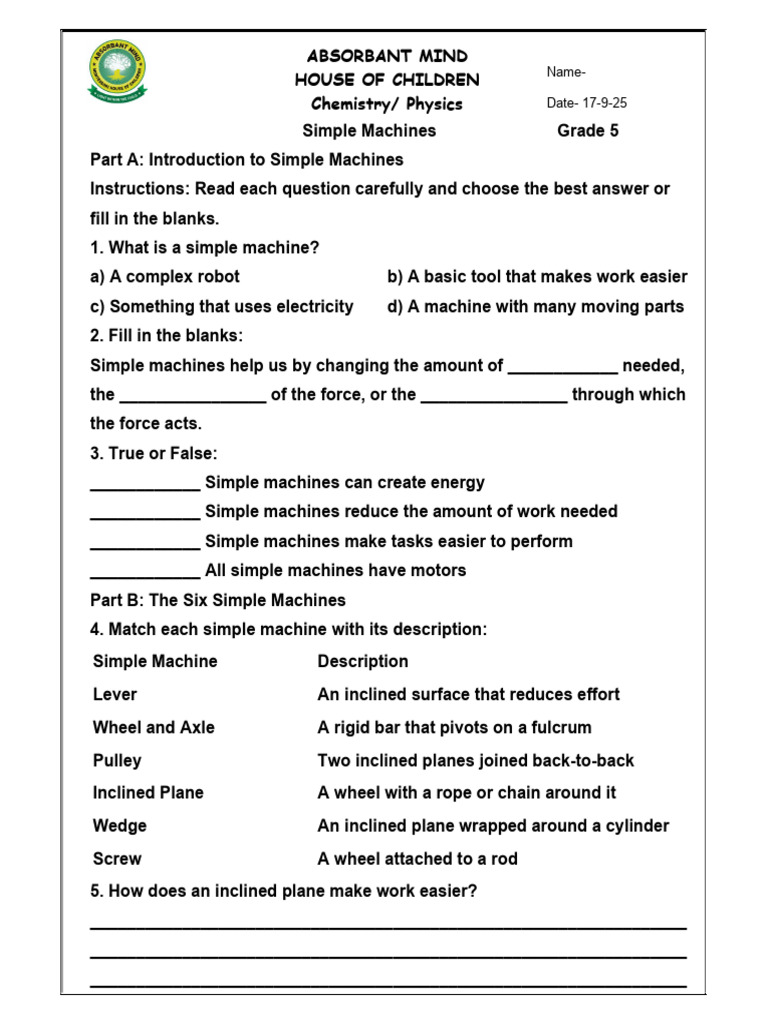 g5 Simple Machine Worksheet 17-9-25 | PDF | Machines | Lever
